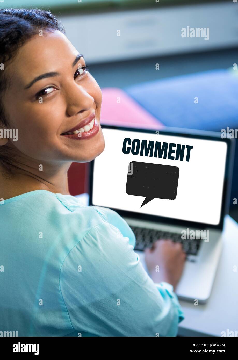 Digital composite of Comment text and chat graphic on laptop screen ...
