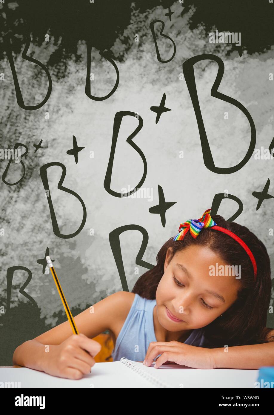 Digital composite of Student girl at table writing against green ...
