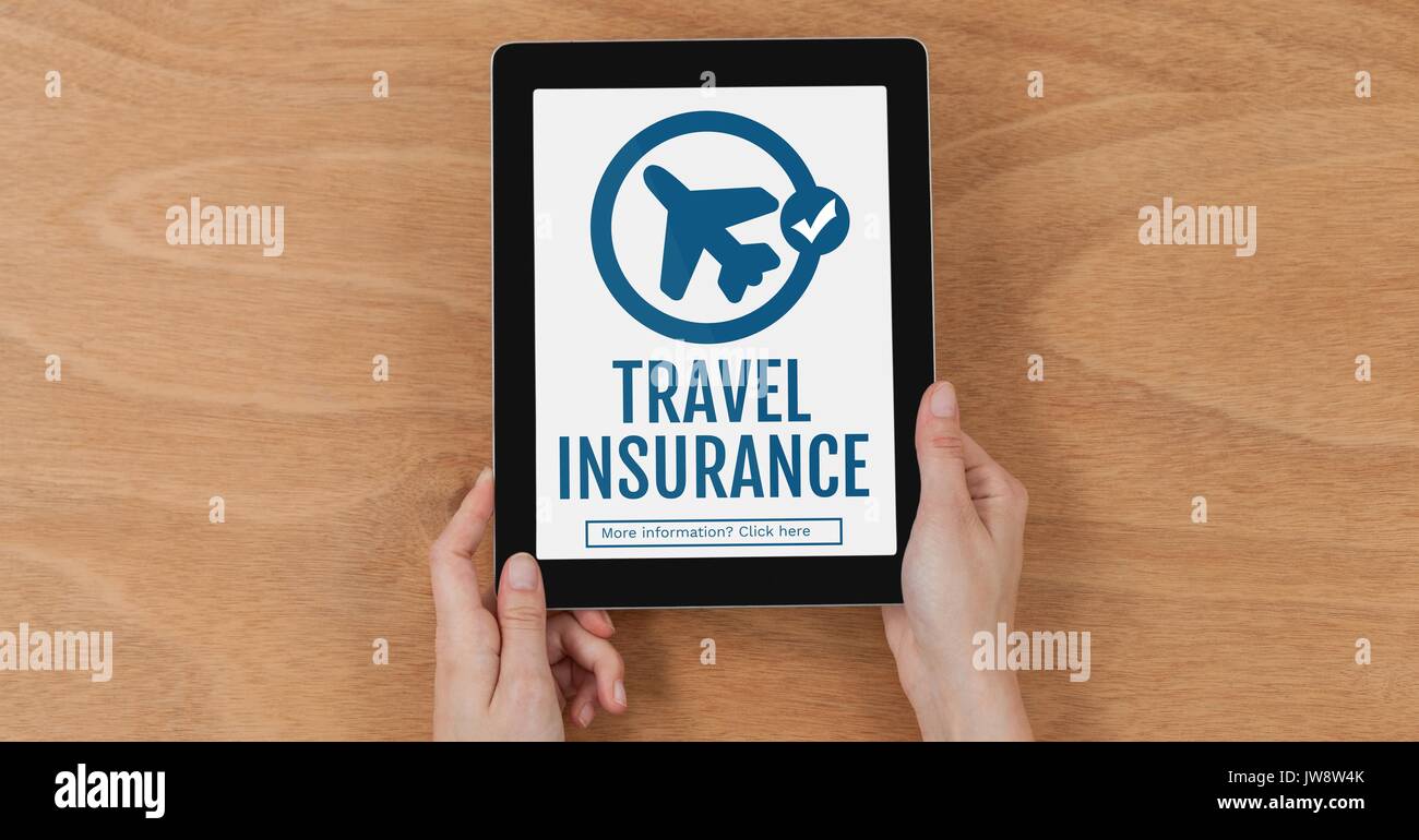 Digital composite of Person holding a tablet with travel insurance ...