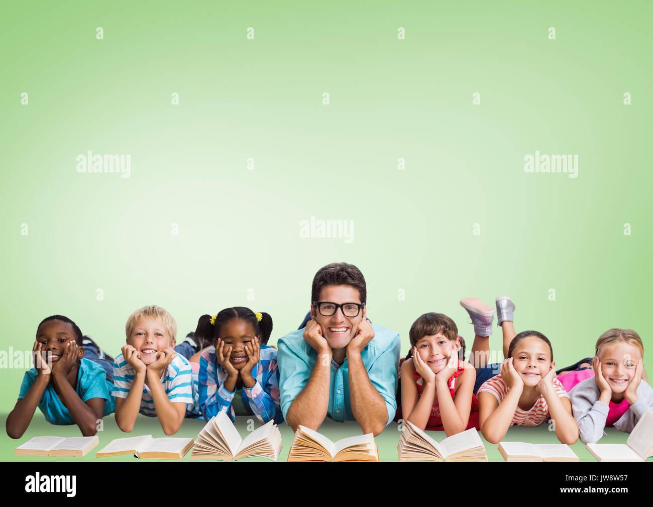 Digital composite of Multicultural Kids reading with teacher Stock ...