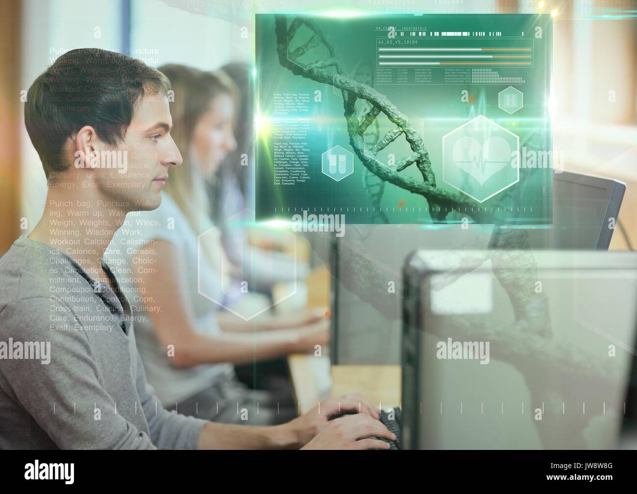 Digital composite of Male Student studying with computer and science ...