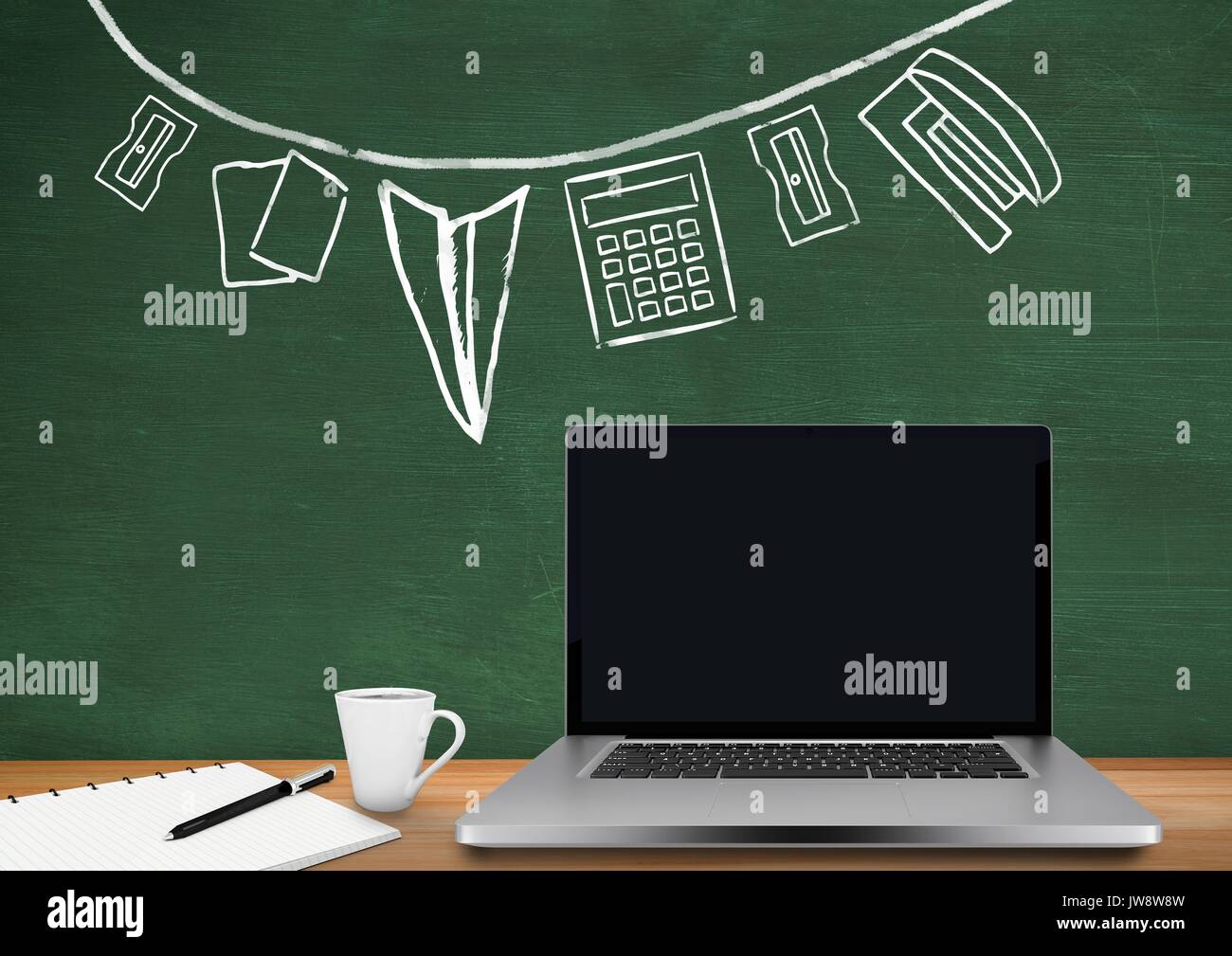 Digital composite of Computer Desk foreground with blackboard graphics ...