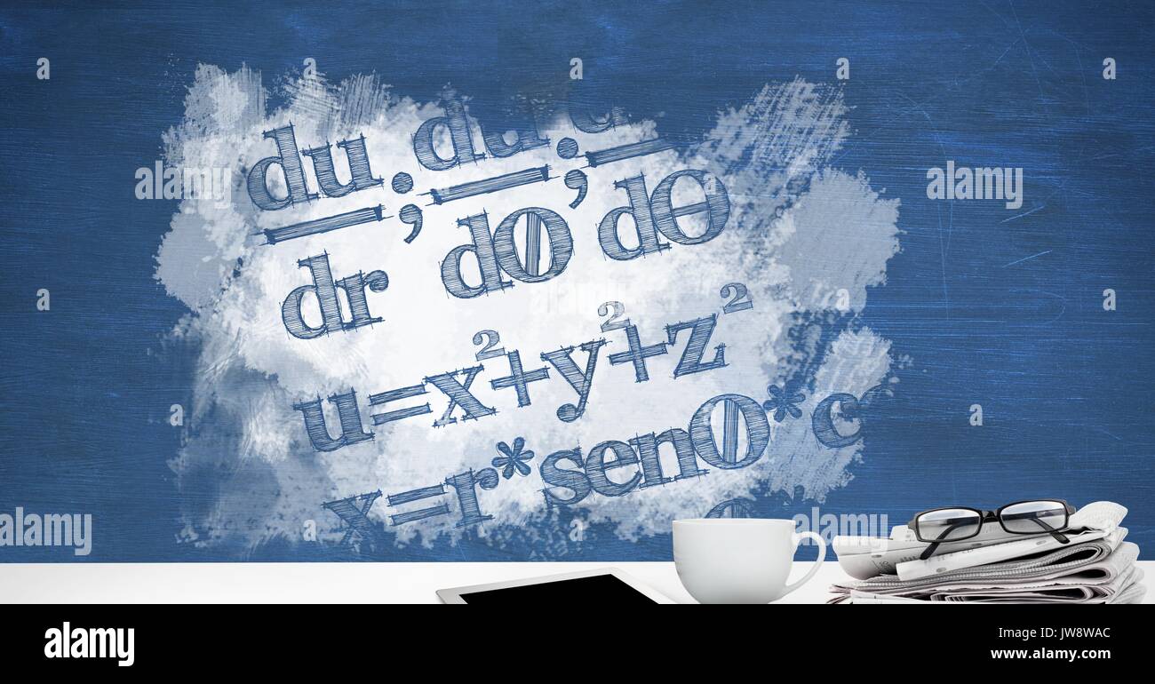 Digital composite of Desk foreground with blackboard graphics of math ...