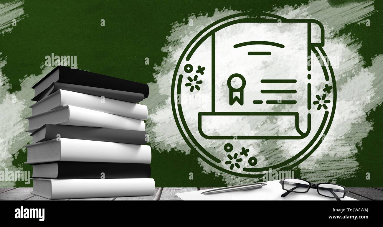 Digital composite of Books on Desk foreground with blackboard graphics ...