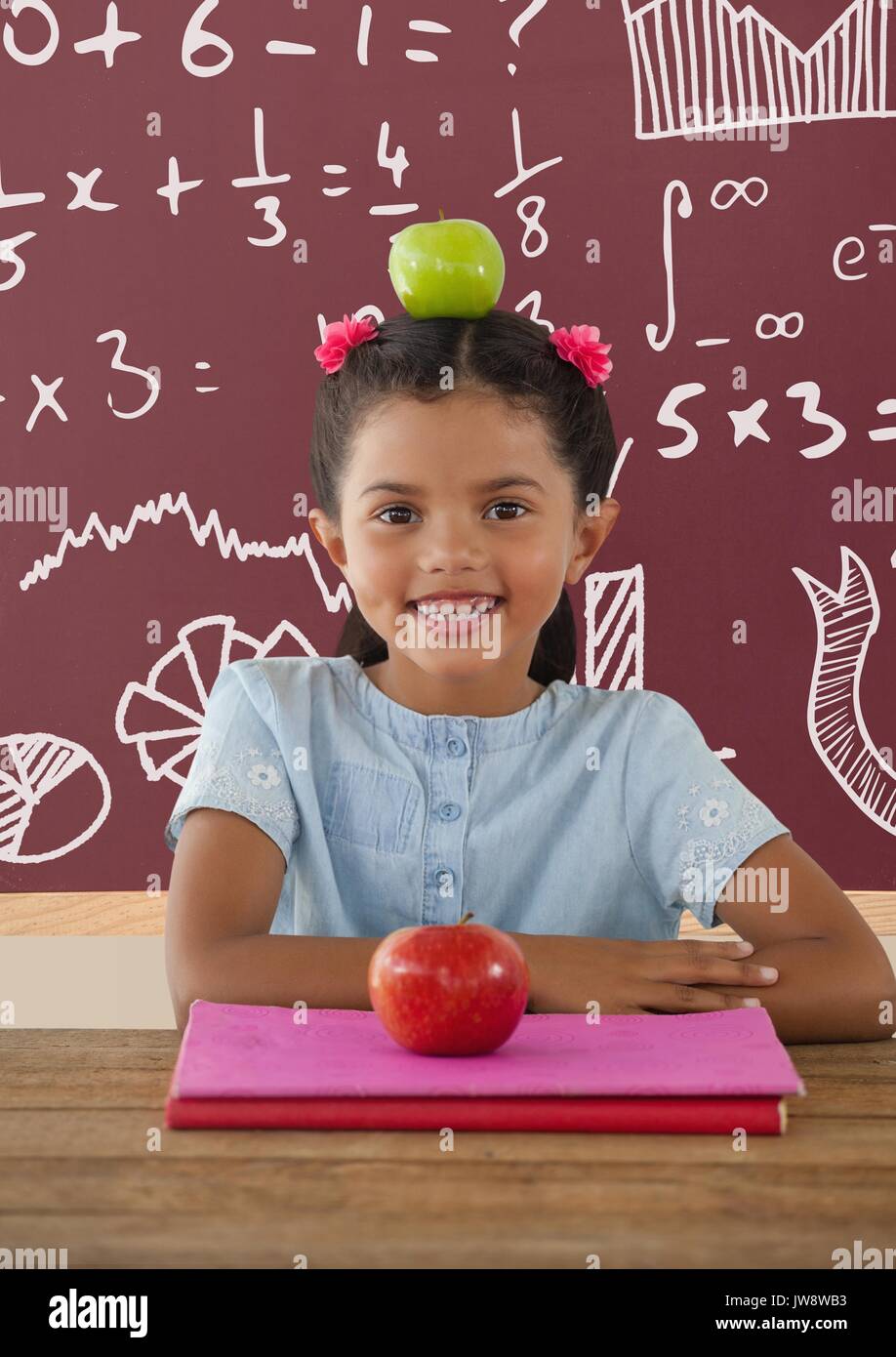 Digital composite of Student girl at table against red blackboard with ...