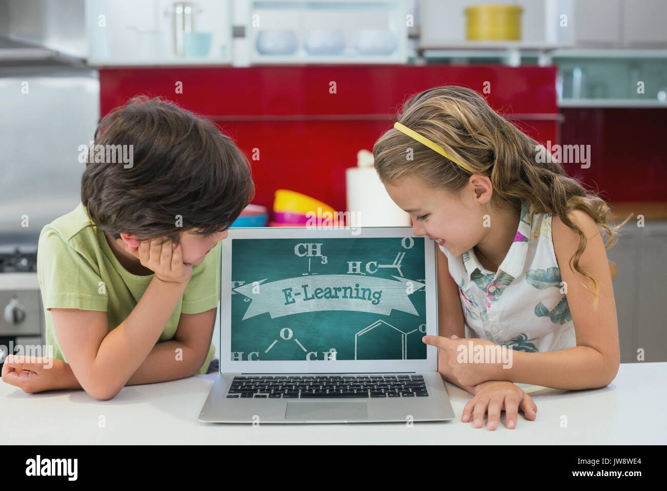 Digital composite of Kids looking at a computer with school icons on ...