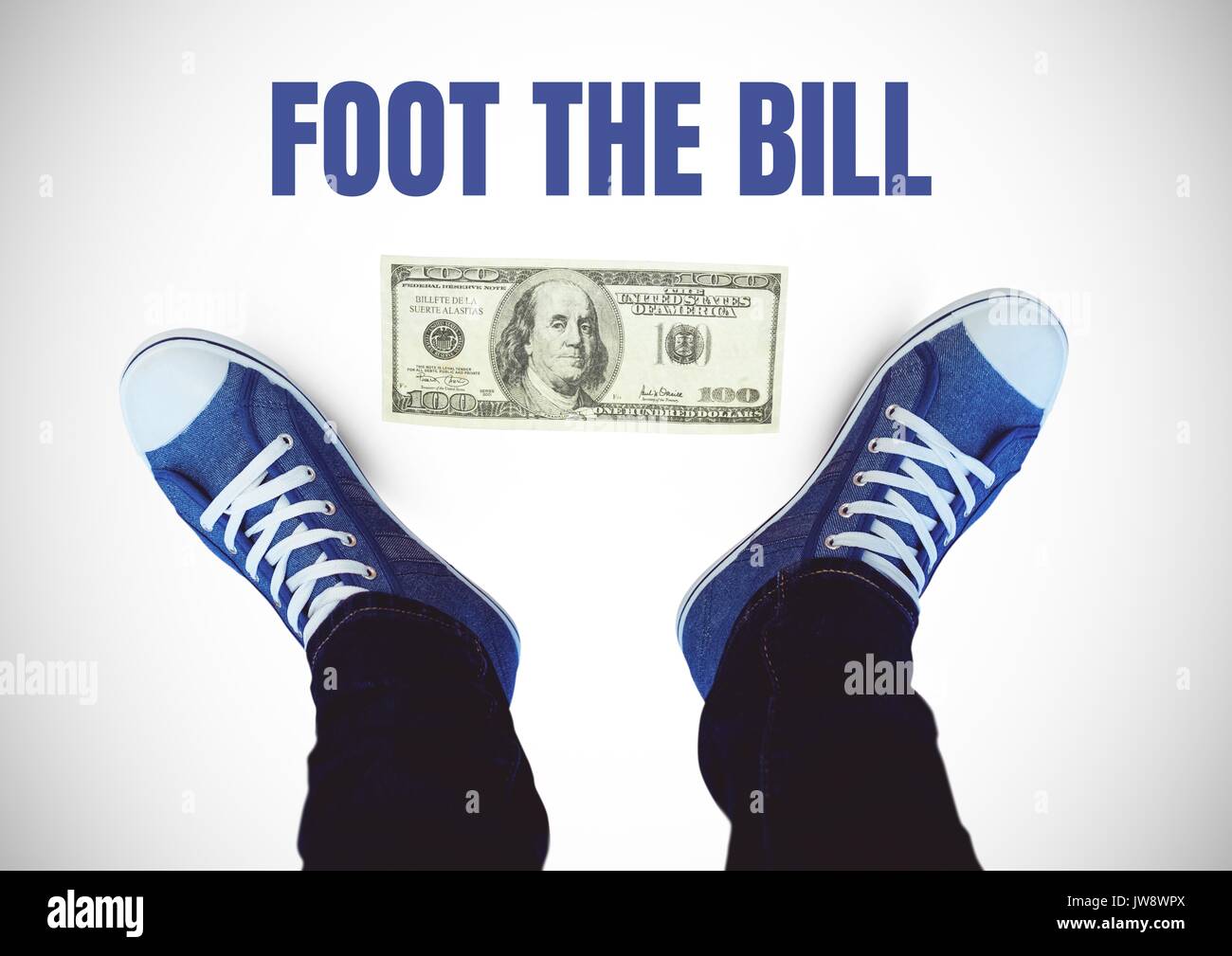 Digital composite of Foot the bill text and dollar with Blue shoes on ...