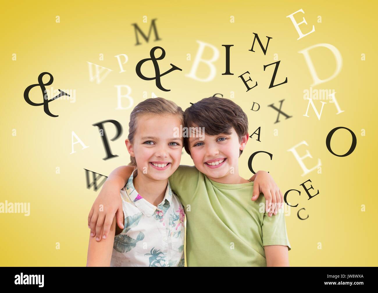 Digital composite of Many letters around Boy and girl hugging in front ...
