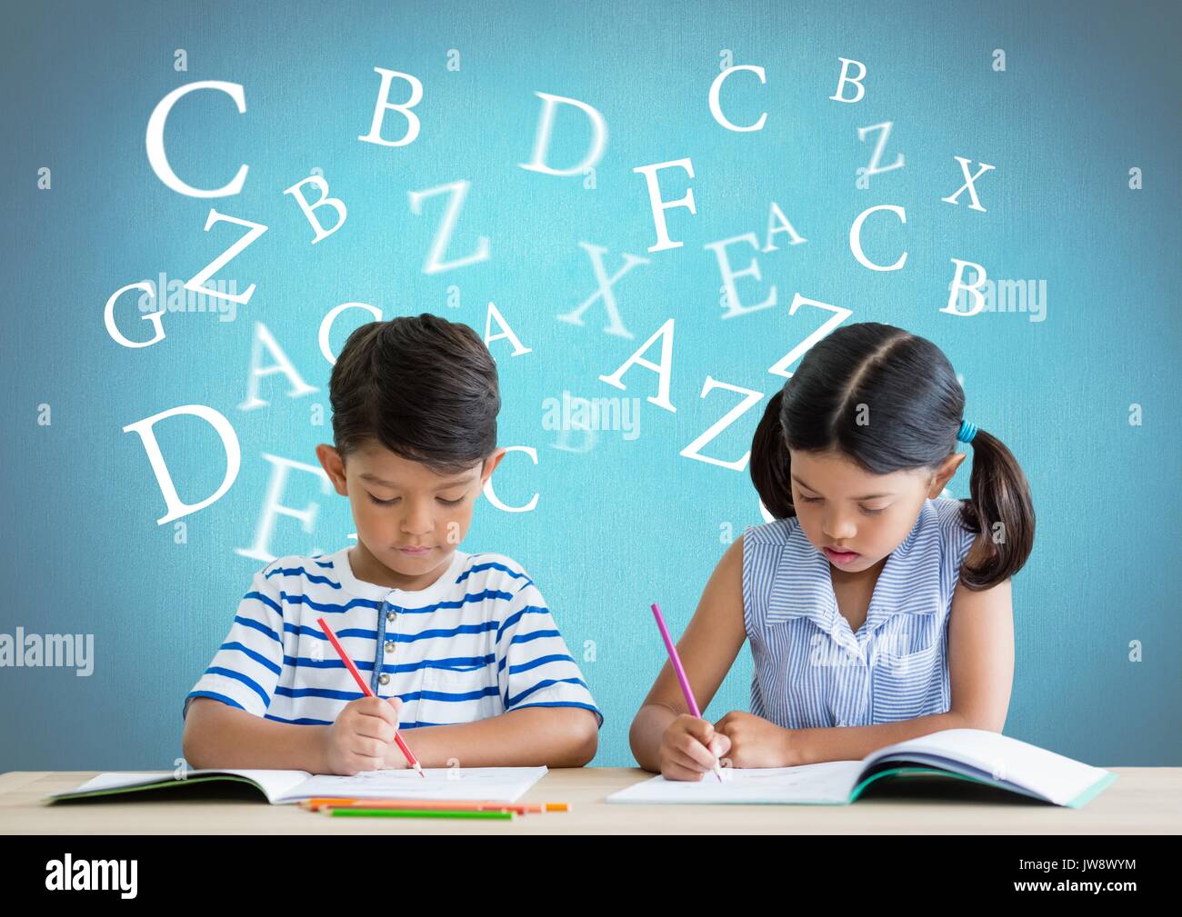 Digital composite of Many letters around School kids writing at desk in ...