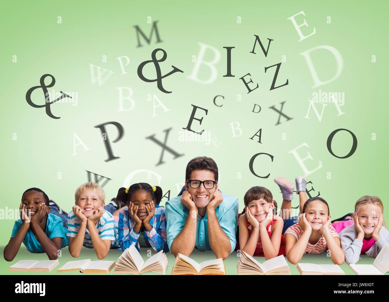 Digital composite of Many letters around Multicultural Kids reading ...