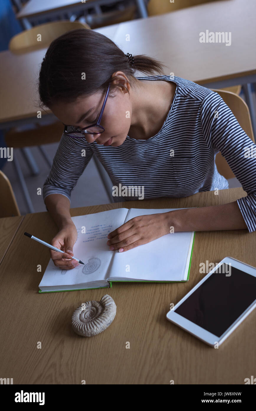 High angle view of female university student practicing diagram while ...