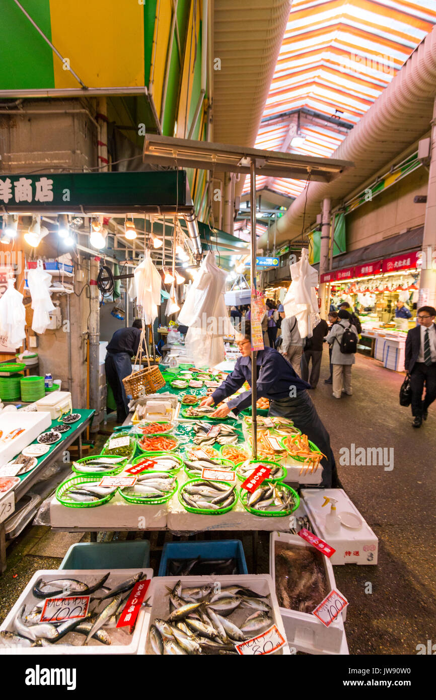 View along Omicho fresh food indoor market with fresh seafood and fish ...