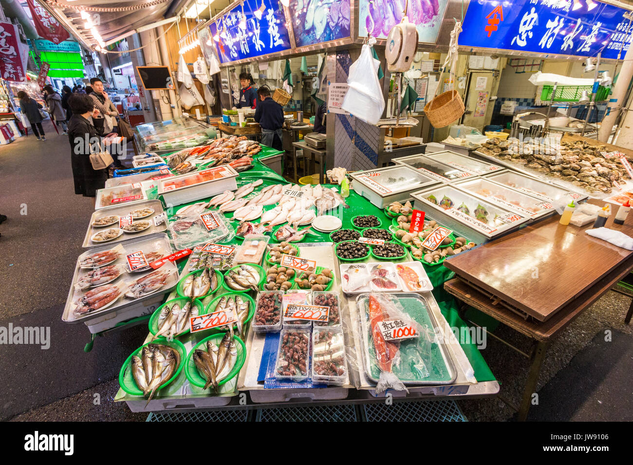 View along seafood stall with various kinds of fish and seafood in ...