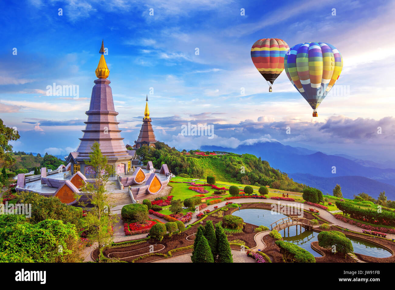 Landmark pagoda in doi Inthanon national park with Balloon at Chiang ...