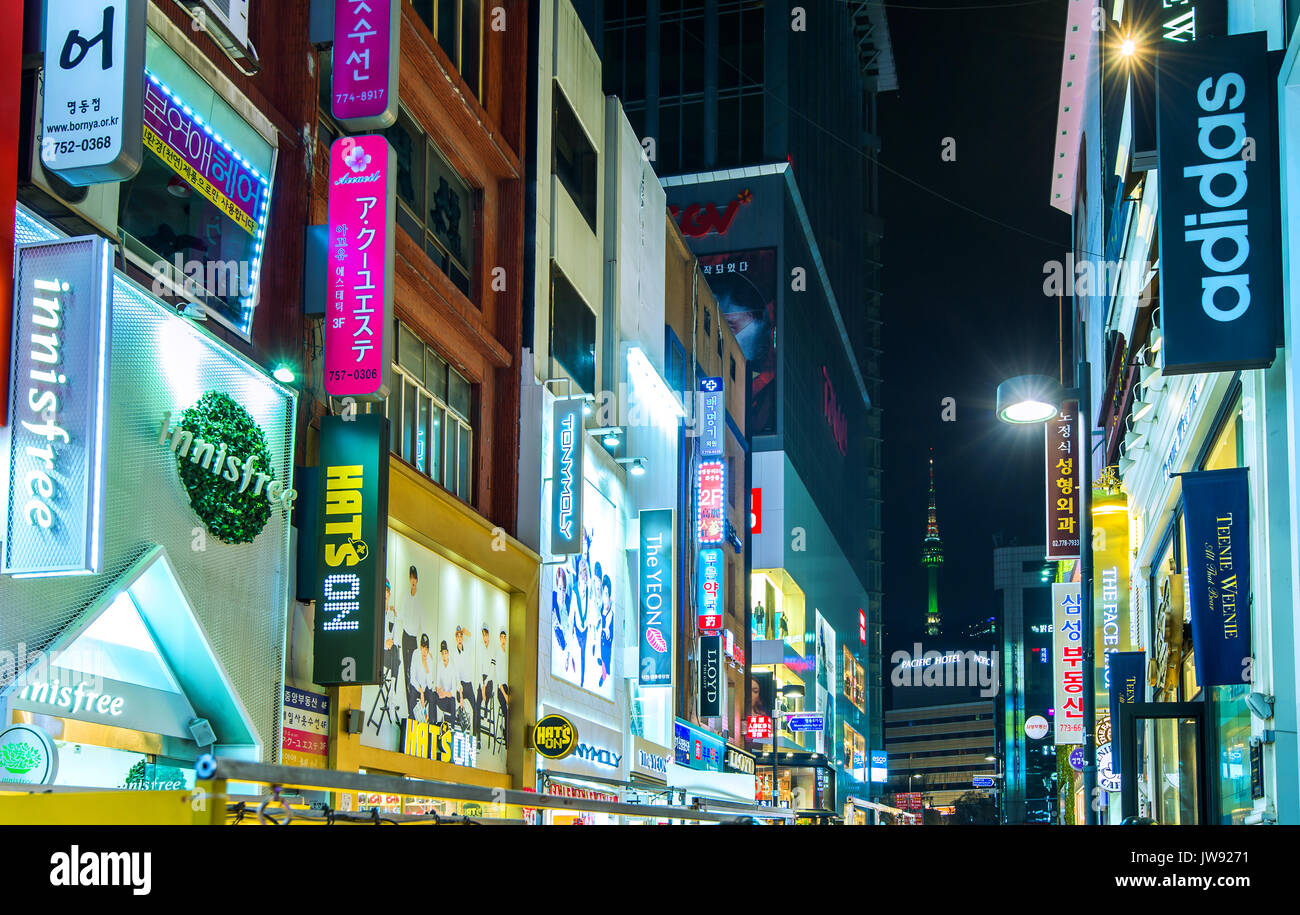 SEOUL - MARCH 20: Myeong-Dong Market is large shopping street in Seoul ...