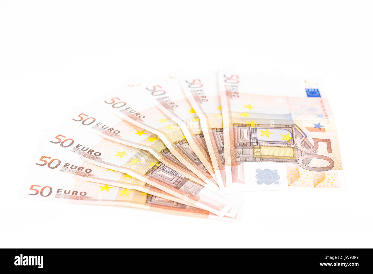 Half circle made with banknotes 50 euro european money on white ...