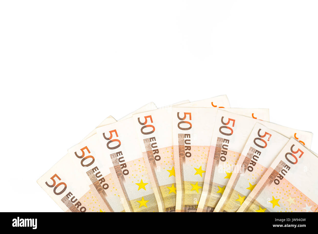 Half circle made with banknotes 50 euro european money on white ...