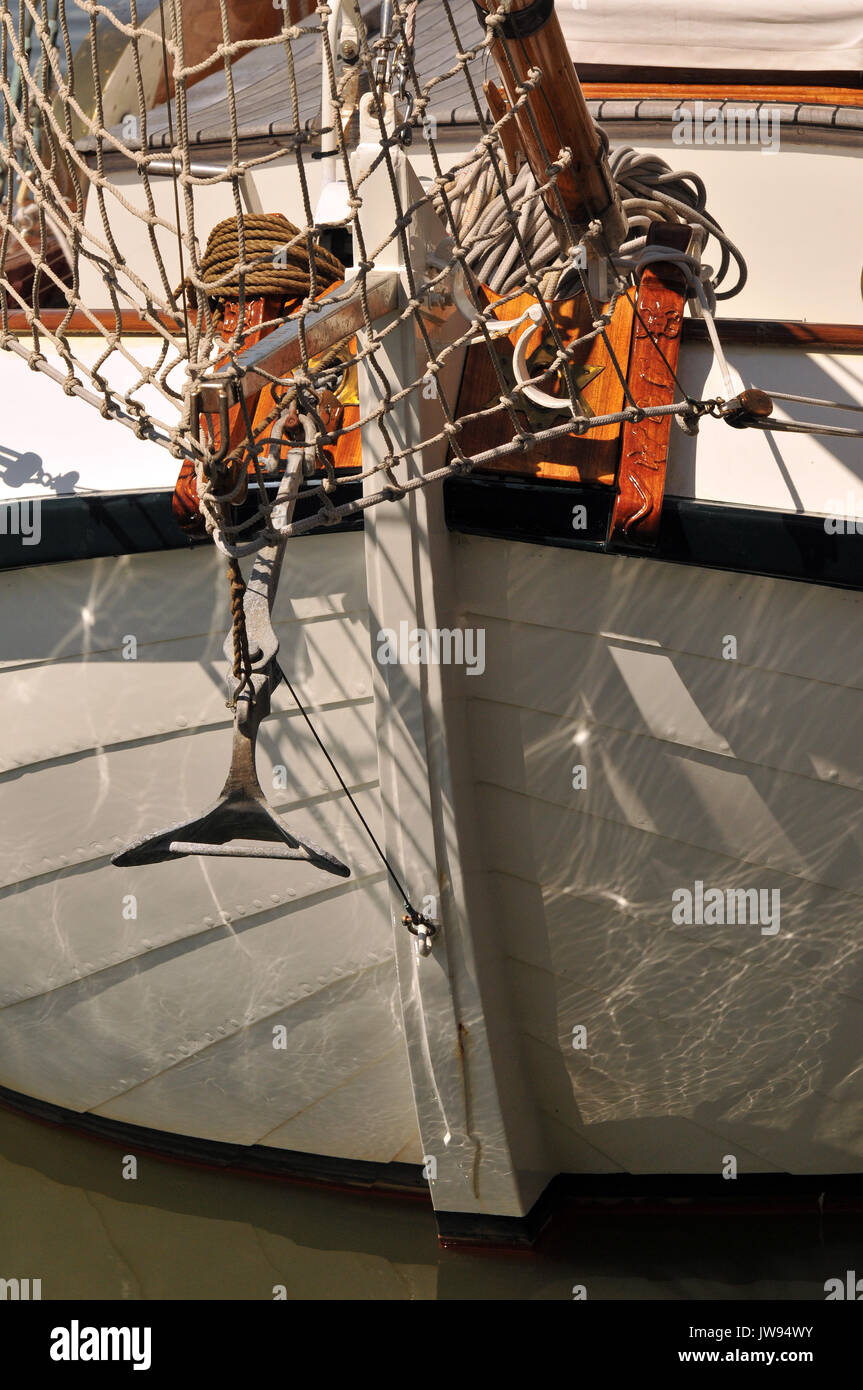 the bowsprit and anchor on a traditionally rigged gaffer sailing boat ...
