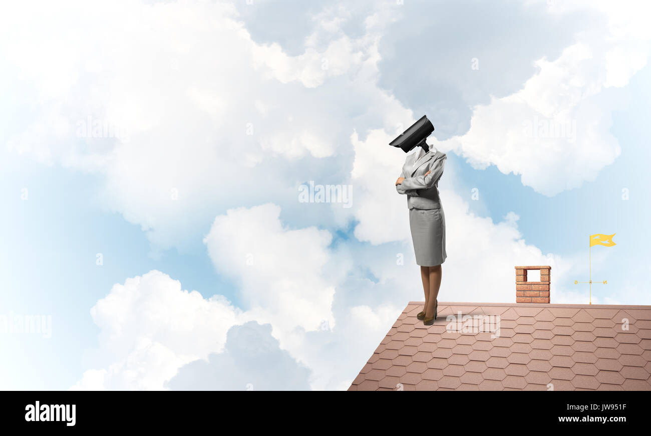 Concept of security and privacy protection with camera headed woman ...
