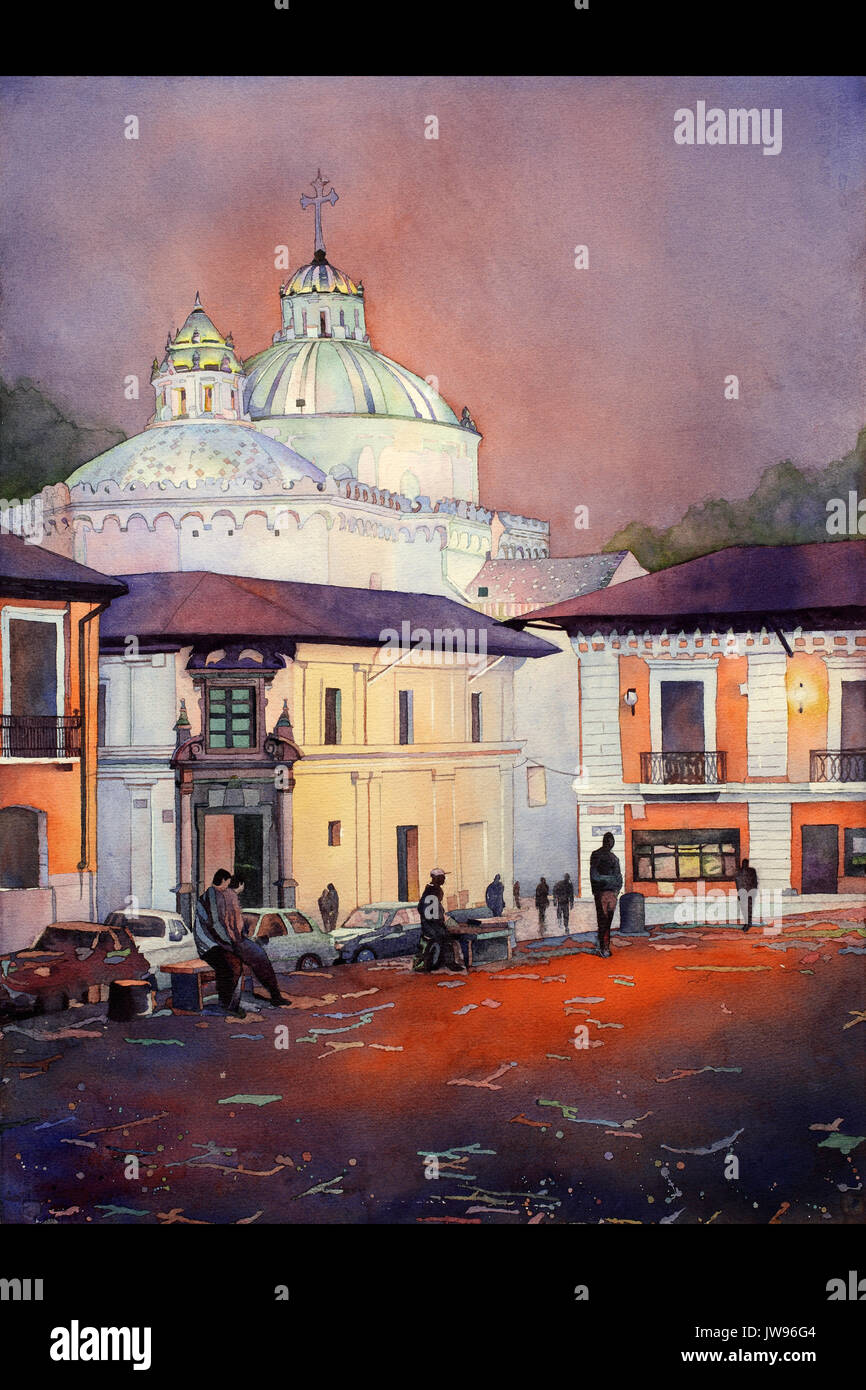Fine art watercolor painting of church rising over colonial buildings ...