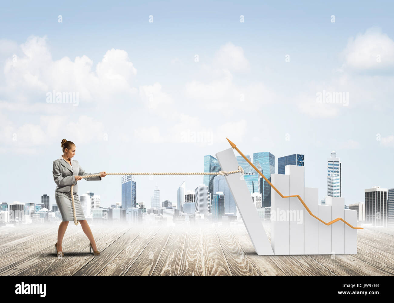 Businesswoman pulling graph with rope as concept of power and control ...