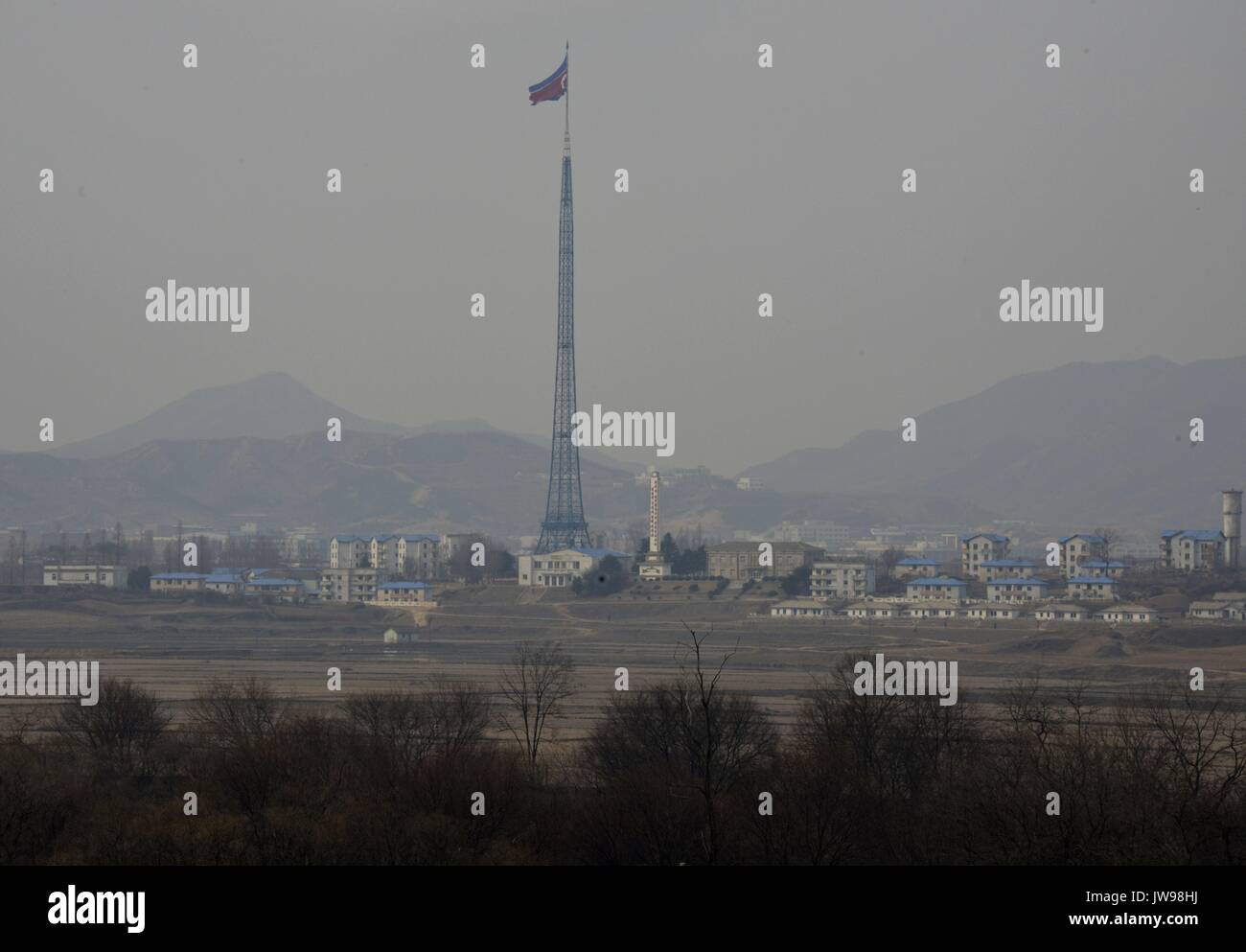 A 160 meter high flag pole with a giant North Korean flag seen flying ...