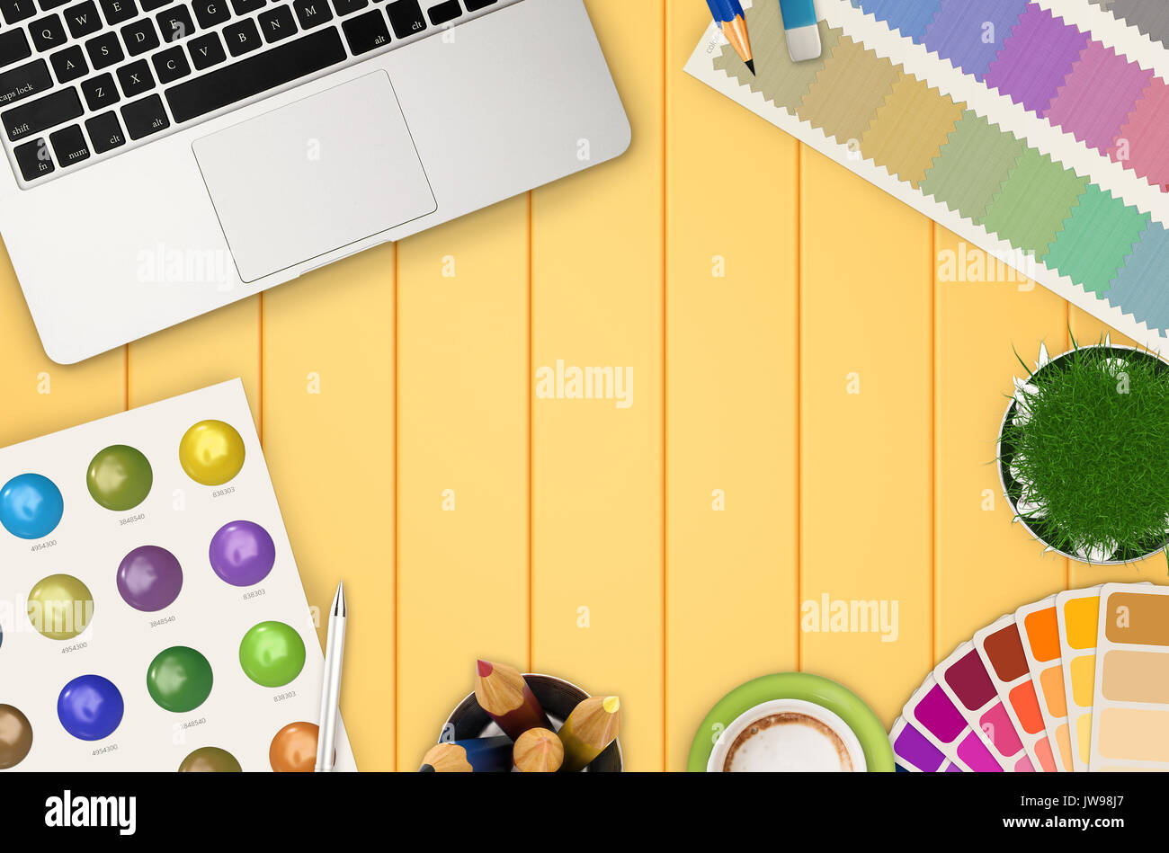 top view artist workspace on yellow background Stock Photo - Alamy