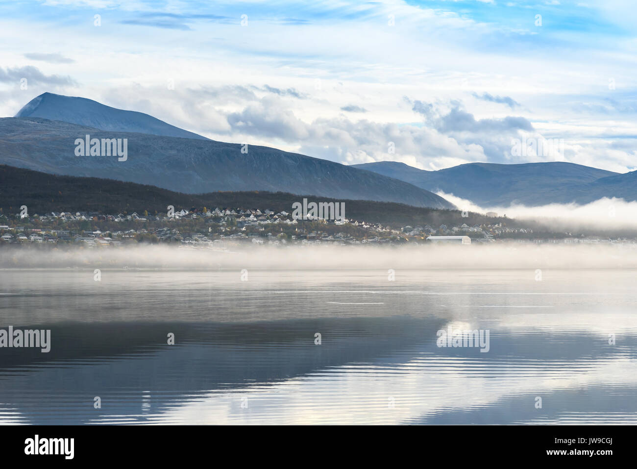 beautiful landscape misty fog over the lake, Tromso, Norway Stock Photo ...