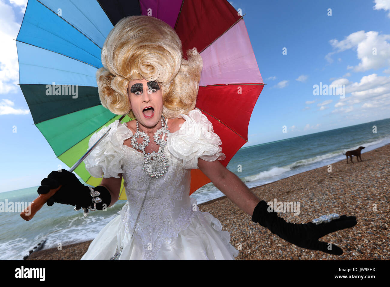 Drag Queen Dotty Kevina of the "Big Wigs" poses on the beach during the ...