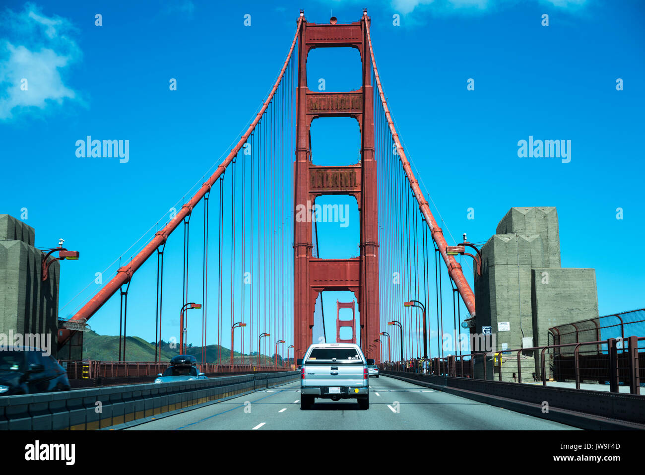 Golden Gate Bridge, San Francisco - red steel structure against bright ...