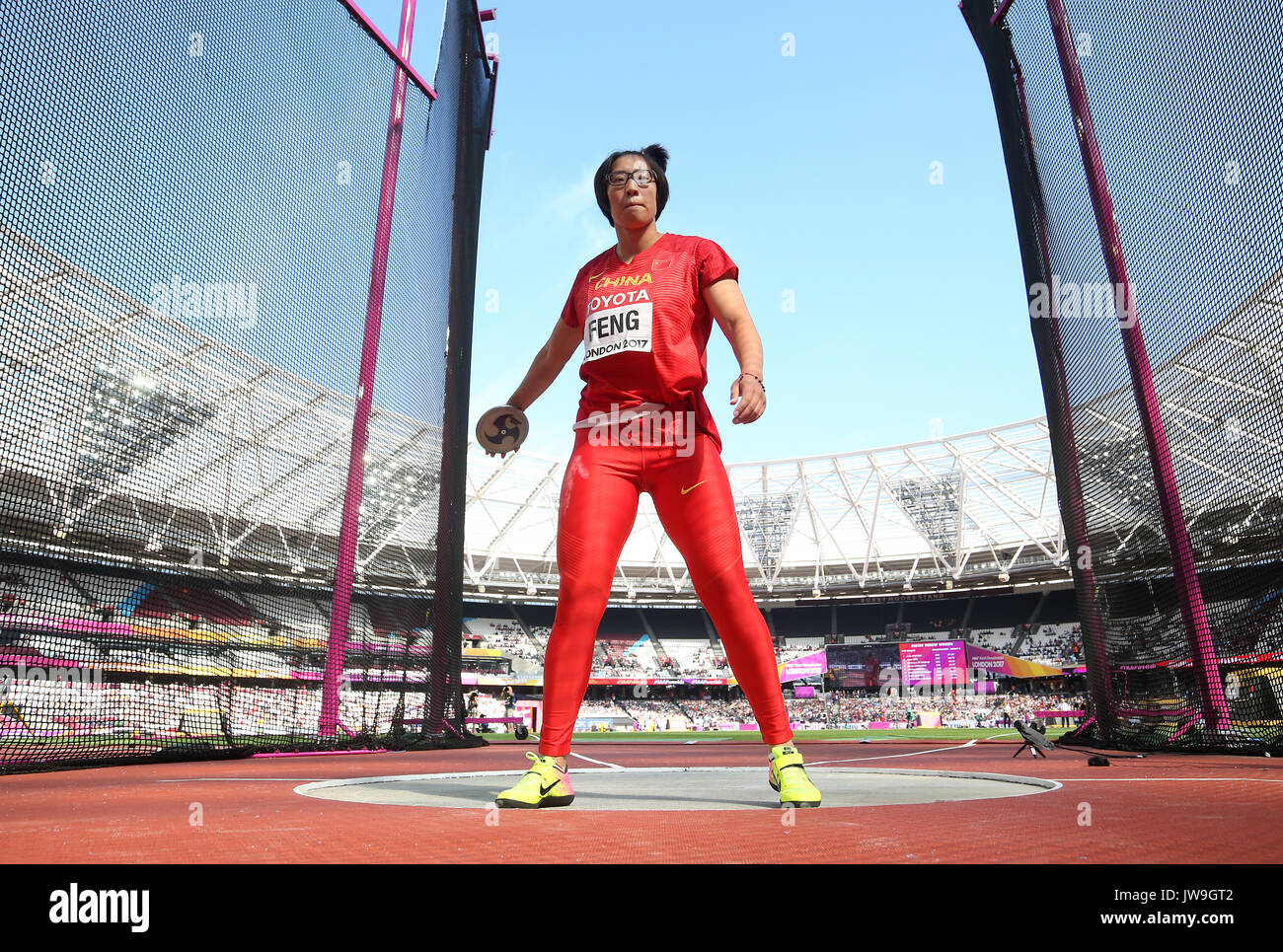 China's Bin Feng competes in the Women's Discus Throw Qualifying during ...