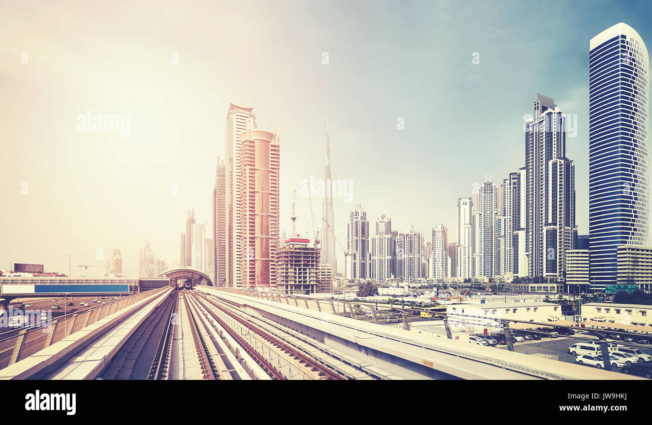 Color toned panoramic picture of Dubai skyline, United Arab Emirates ...