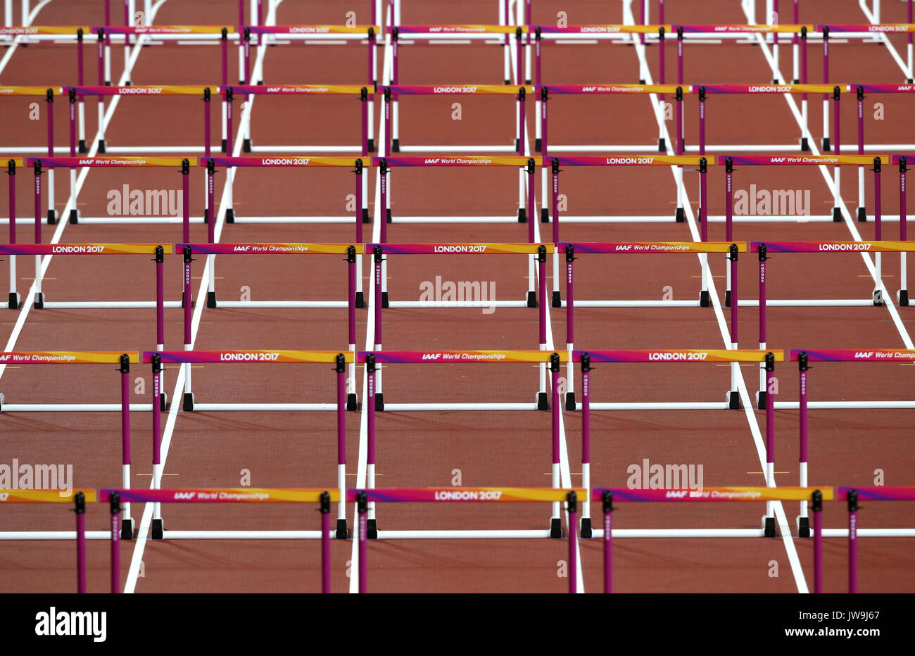 A general view of hurdles set up on the track at the London Stadium ...