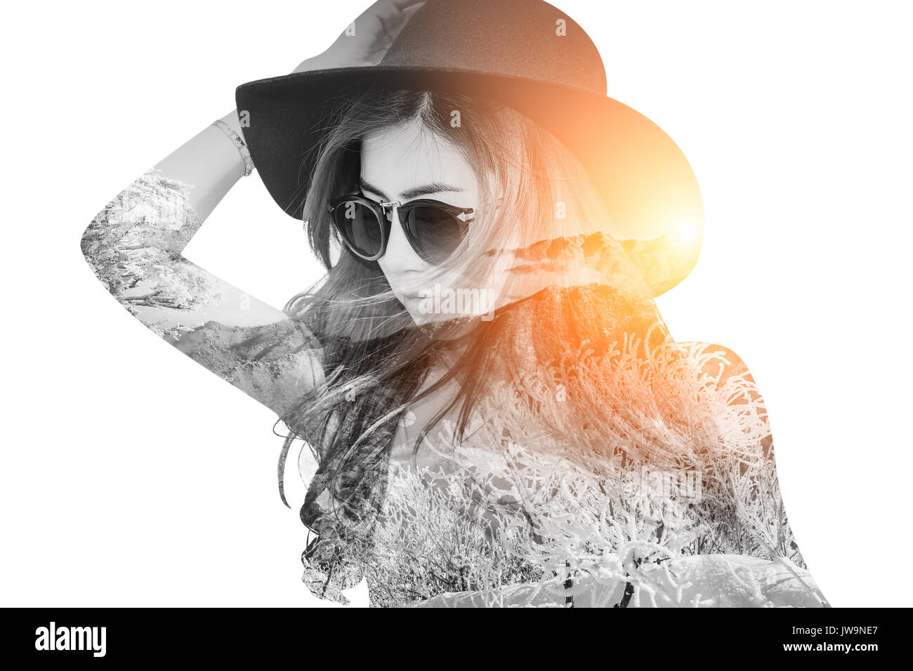 Double exposure portrait of beautiful girl combined with photograph of ...