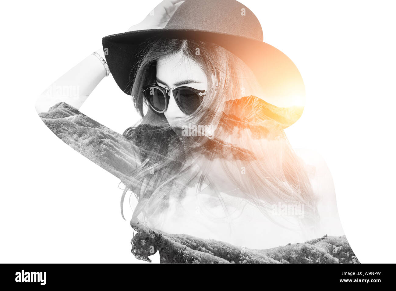 Double exposure portrait of beautiful girl combined with photograph of ...