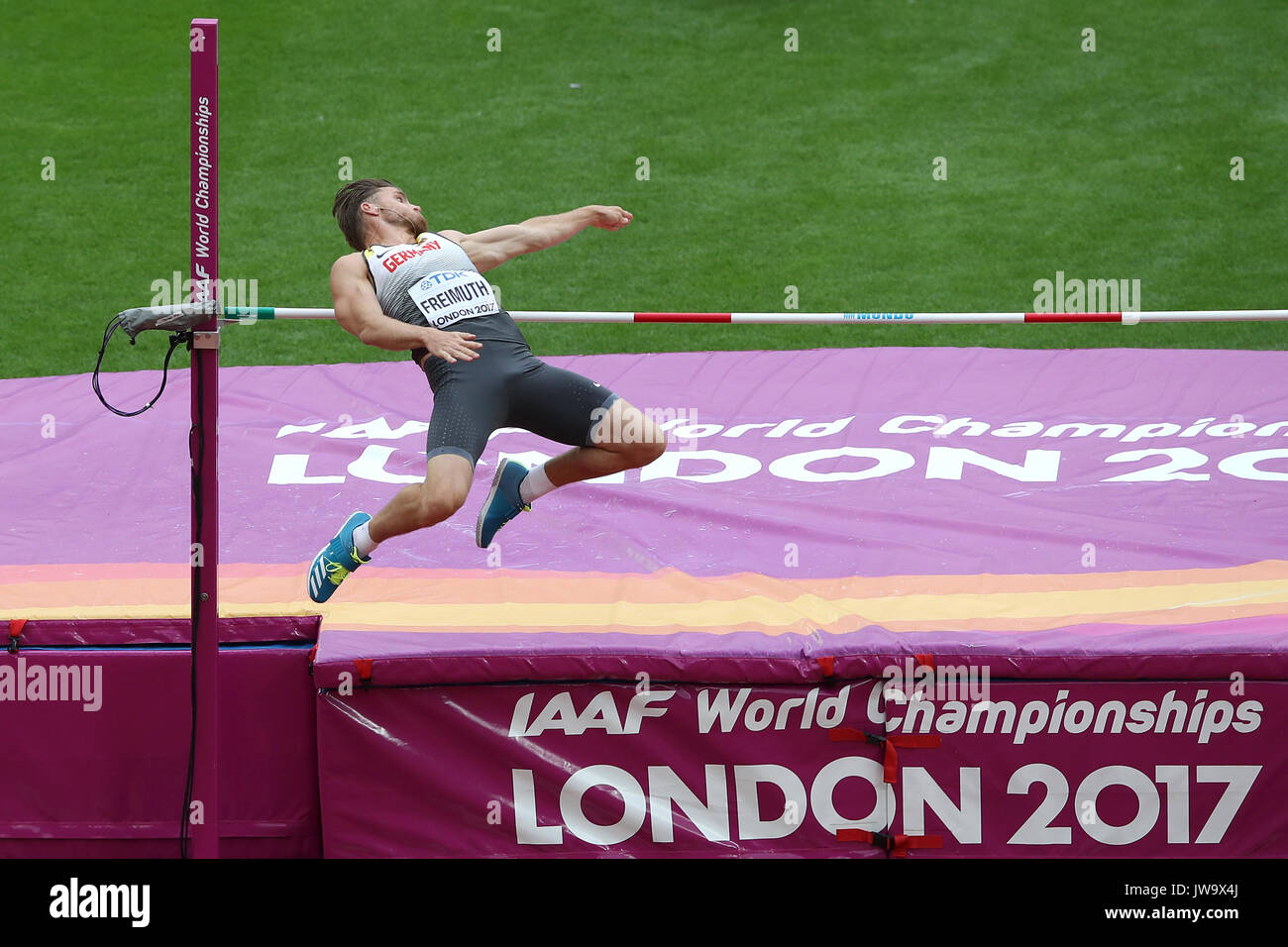 Germany's Rico Freimuth competing in the high jump event of the men's ...