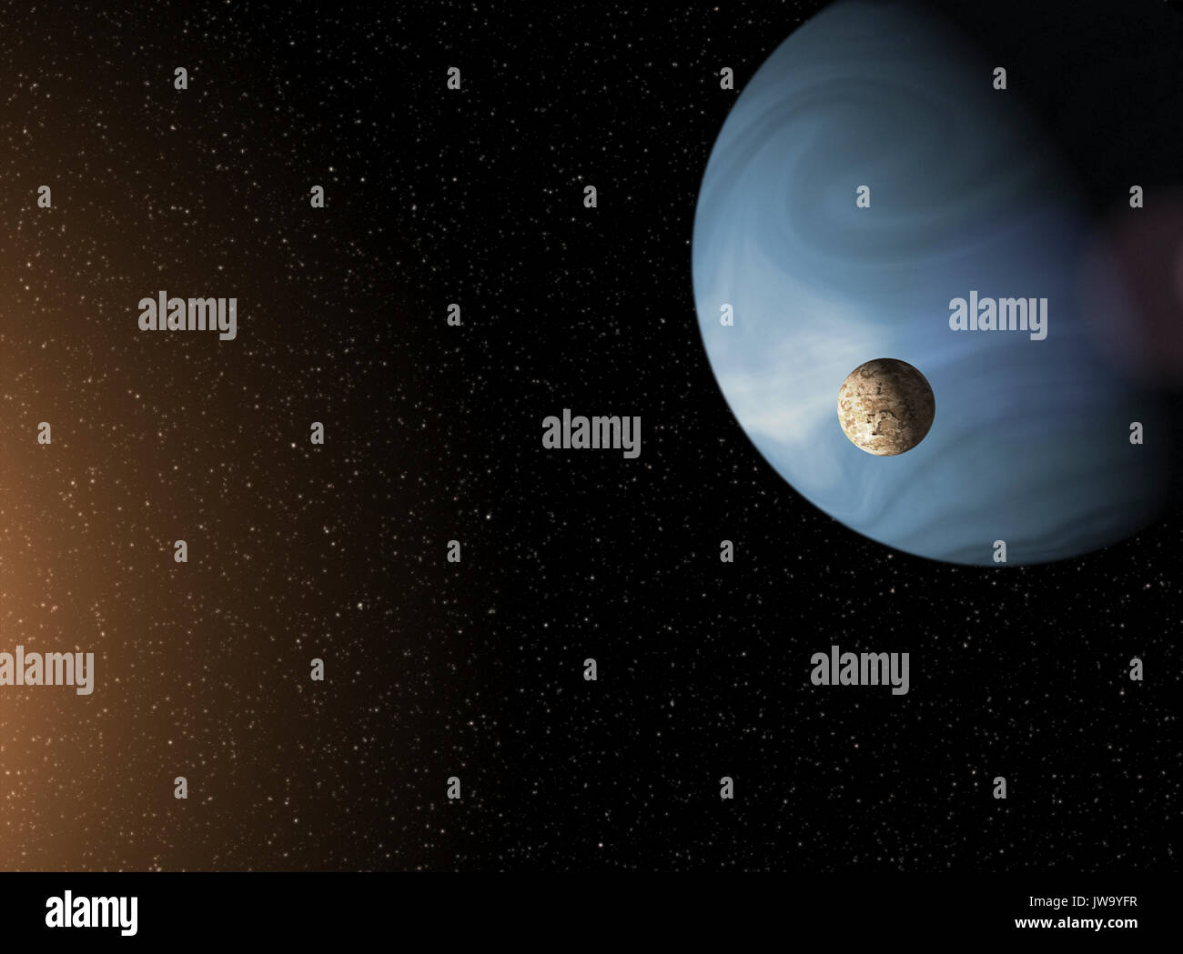 Large blue gas giant planet and a moon orbiting close to a red star ...
