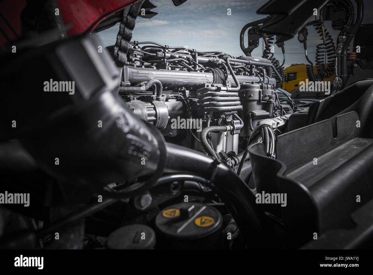 Semi Truck Tractor Engine Servicing. Powerful Truck Engine Repair Stock ...