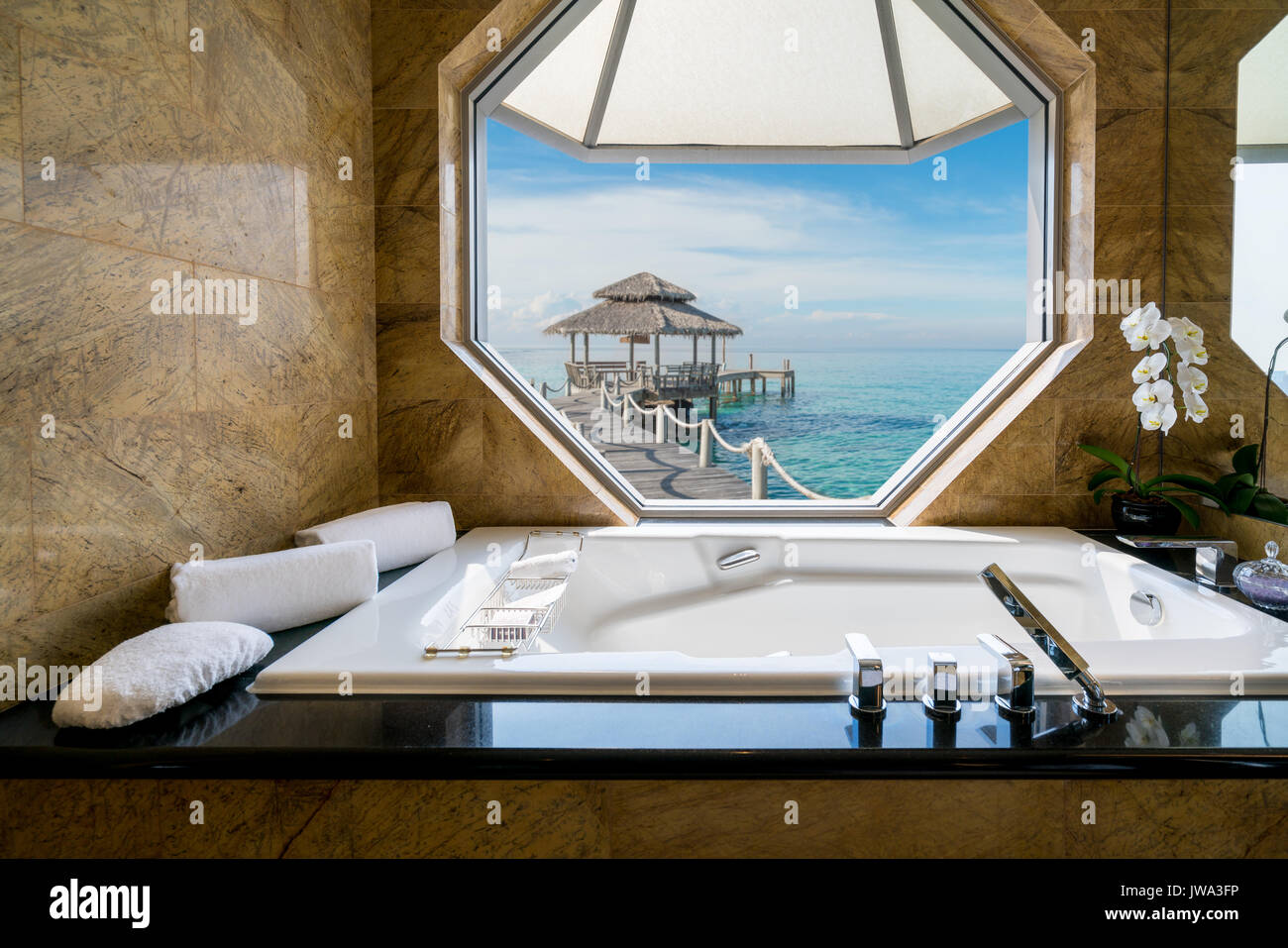 Luxury beautiful interior design on beach resort, window view from ...