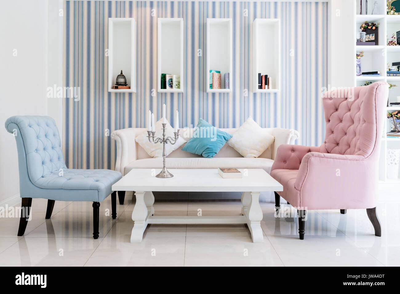 Lounge sofa and colorful pillow in lounge at living room in home Stock ...