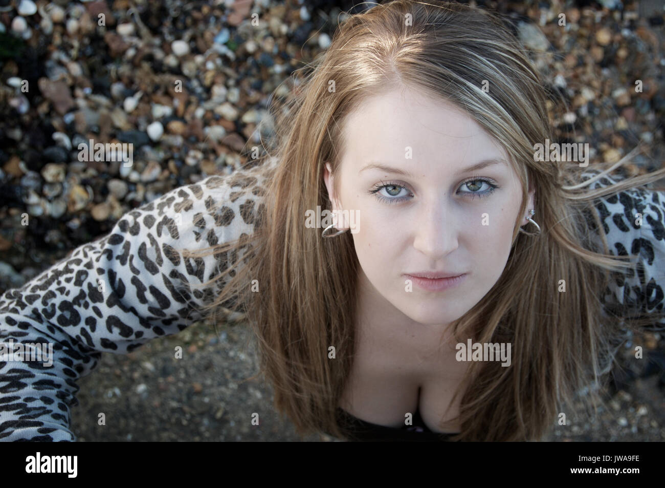 Pretty girl wearing animal print, shot from above and outdoors Stock ...