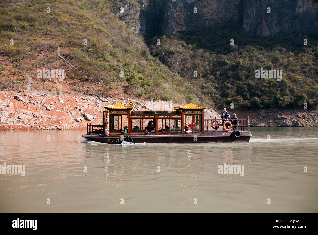 Excursion boat on Goddess Stream, tributary of the Yangtze River, China ...