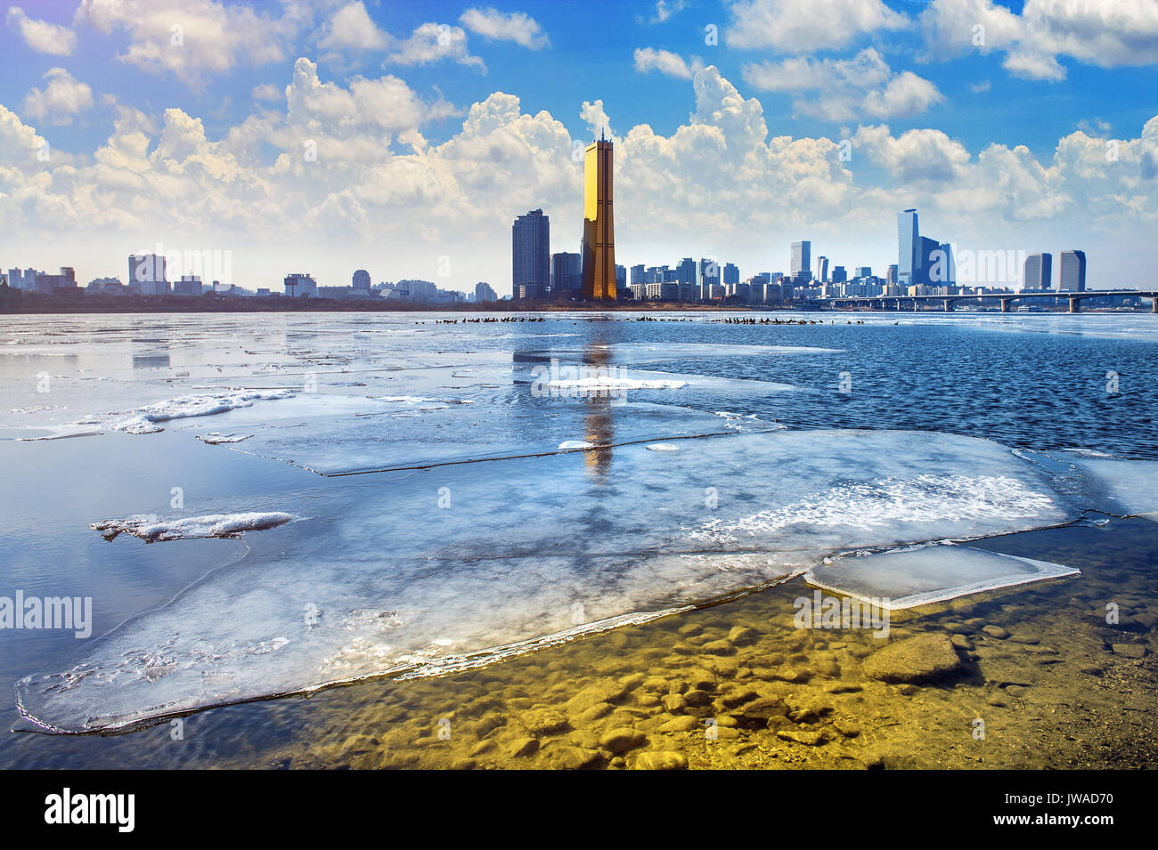 Ice of Han river and cityscape in winter,Seoul in South Korea Stock ...