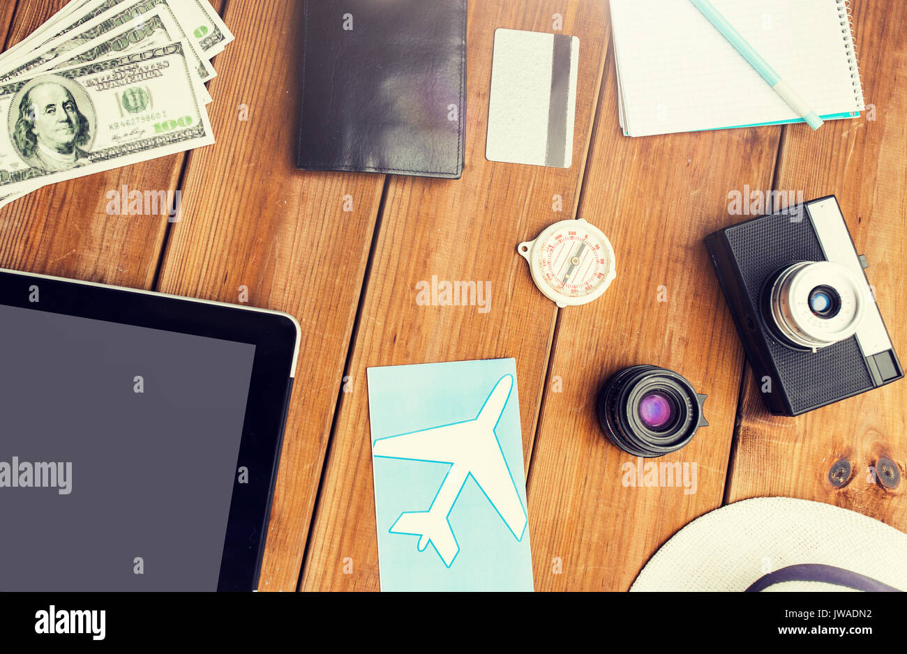 close up of gadgets and traveler personal stuff Stock Photo - Alamy