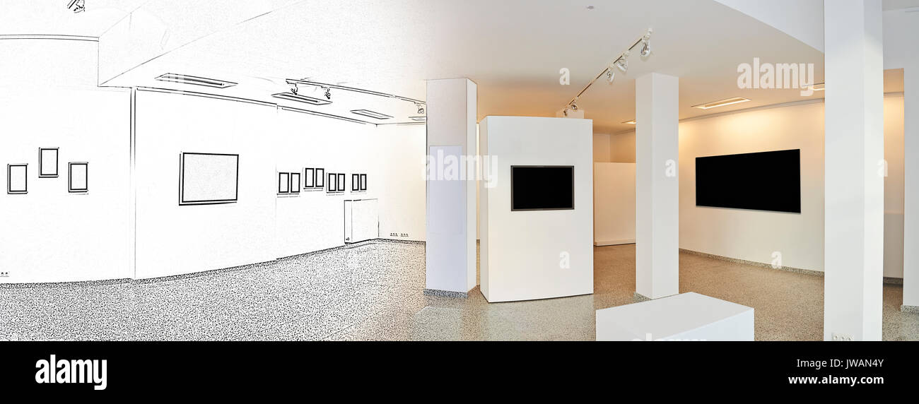 Drawing and planned exhibition gallery, wall mounted art with museum ...