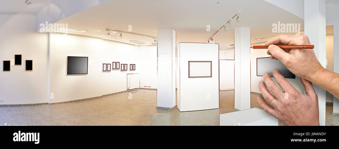 Drawing and planned exhibition gallery, wall mounted art with museum ...