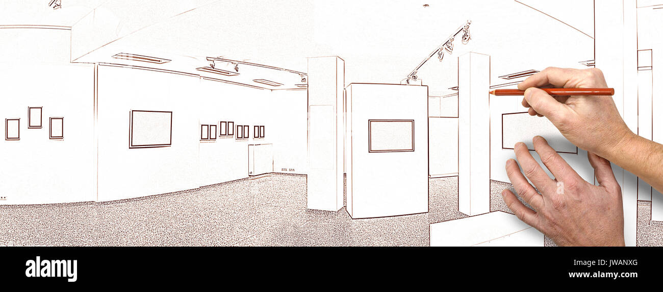 Drawing and planned exhibition gallery, wall mounted art with museum ...
