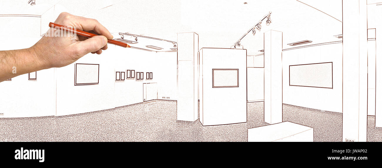 Drawing and planned exhibition gallery, wall mounted art with museum ...