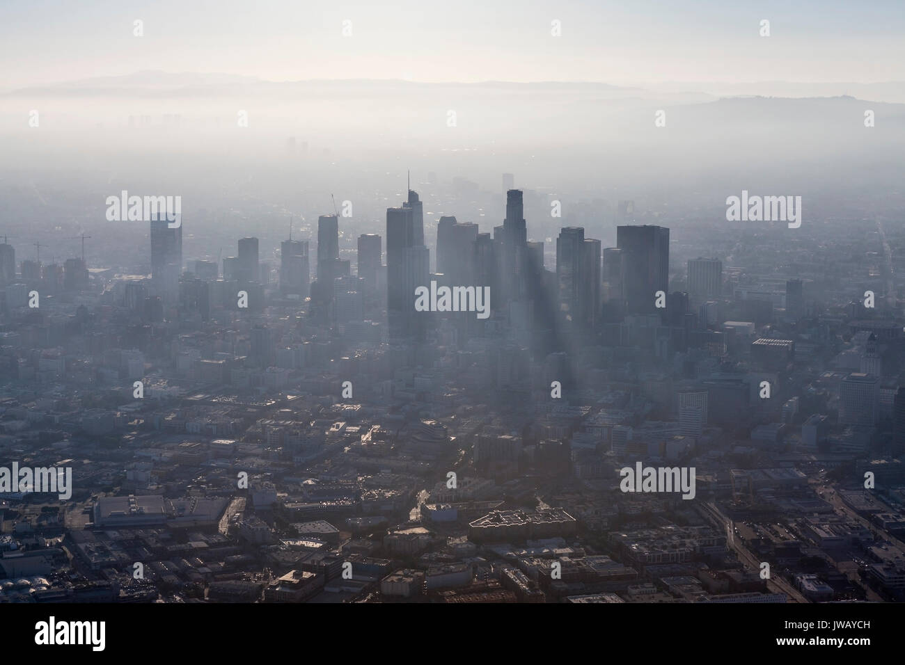 Aerial view of thick summer smog in urban downtown Los Angeles ...