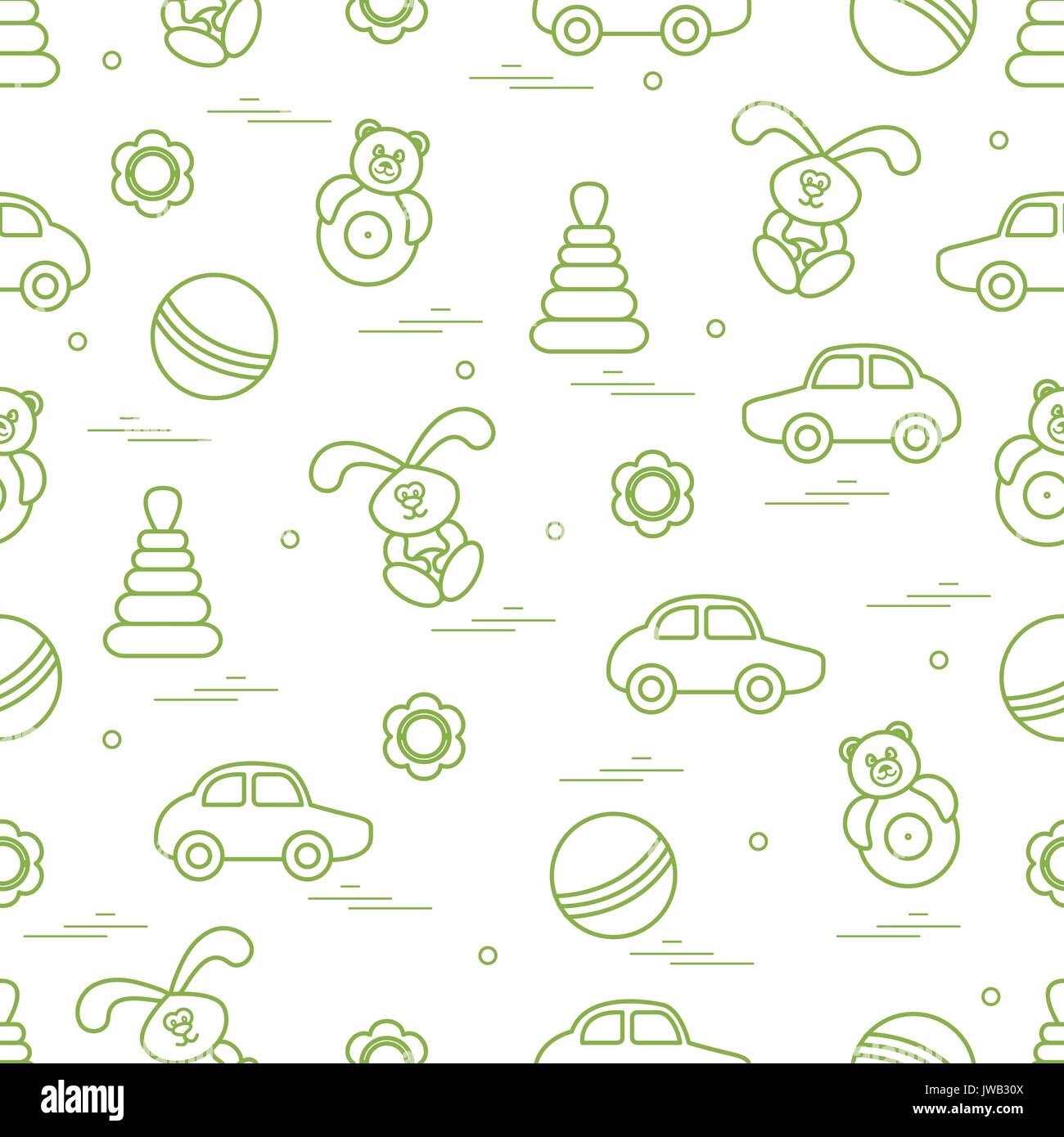 Vector pattern of different toys: car, pyramid, roly-poly, ball, hare ...